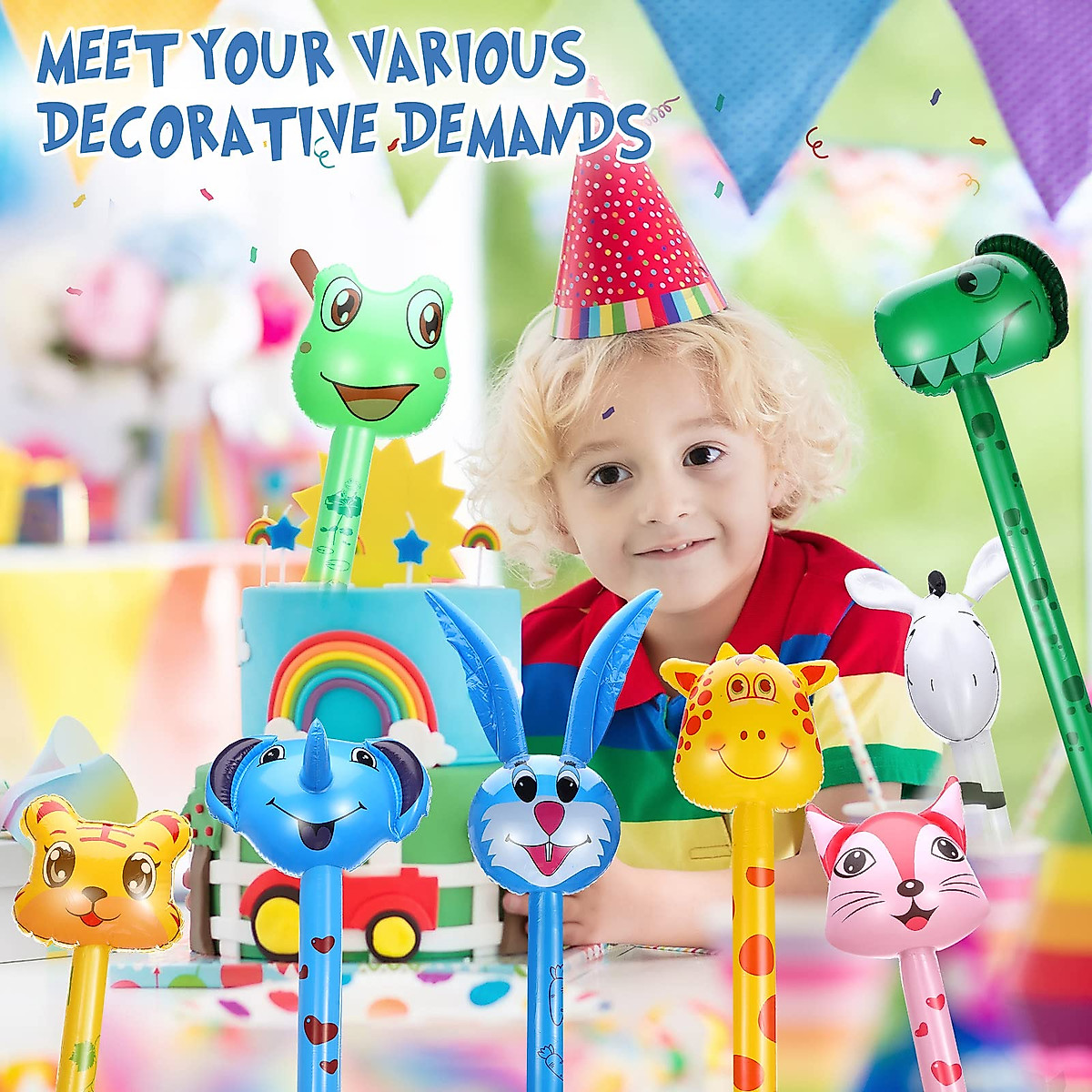 24 Pcs PVC Inflatables Toys Animals Stick with Sound Jungle Safari Animal Balloons Frog Tiger Cow Giraffe Panda Inflatable Hammer Blow up Toys for Animal Theme Birthday Party Favors Decorations