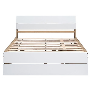 YOPTO Full Size Modern Bed Frame with Twin Size Trundle and 2 Drawers,Wooden Platform Bed W/High Gloss Craft Headboard and Footboard,Easy Assembly,for Bedroom,Apartment,White & Light Oak