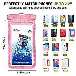 MoKo Waterproof Phone Pouch Holder Floating 2-Pack, IPX8 Glitter Waterproof Case Dry Bag Compatible for iPhone14 13 12 11 Pro Max X/Xr/Xs/8/7/6/SE 3, Galaxy S20/S21, Light Blue & Pink