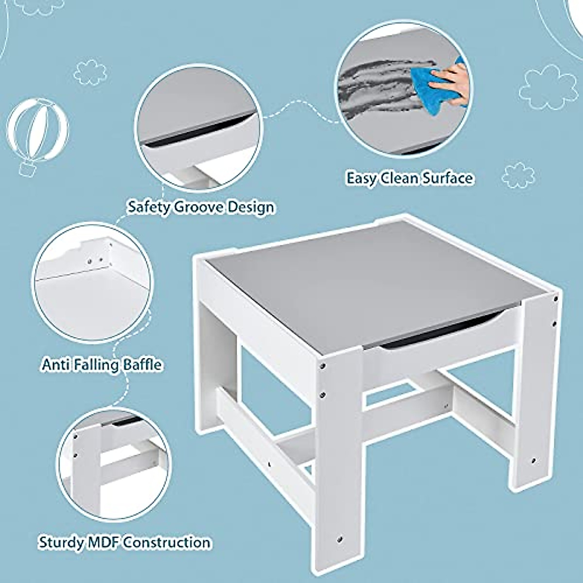 KOTEK Kids Wood Table and 2 Chairs Set with Blackboard & Storage Drawers, Children Multi Activity Table for Learning, Playing, Drawing, 3-in-1 Toddler Art Crafts Desk and Chairs Set (Gray & White)