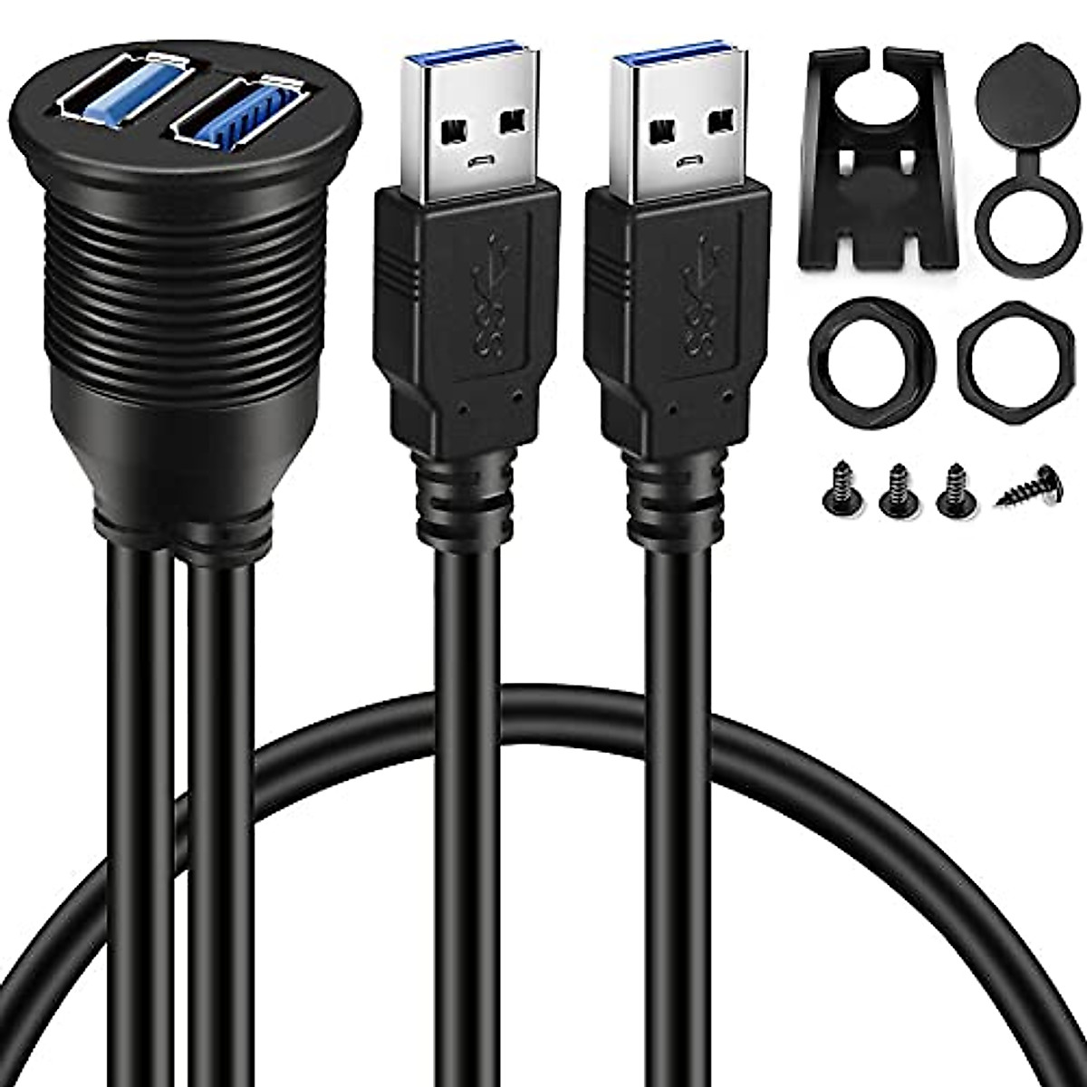 BATIGE 2 Pack Dual USB 3.0 Car Mount Flush Cable USB3.0 Male to Female Car Mount Extension Cable Waterproof for Car Truck Boat Motorcycle Dashboard Panel 3ft