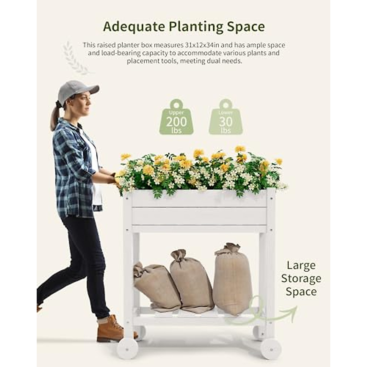 JEAREY Raised Garden Bed with Legs, HDPE Elevated Garden Boxes with Wheels, Raised Planter Box Outdoor, for Flowers Vegetables Herbs Backyard Patio Balcony, White