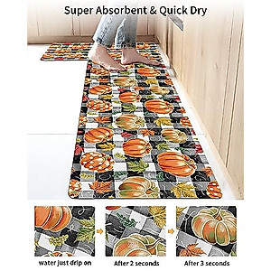 Buffalo Plaid Pumpkins Bath Mat for Tub,Non Slip Bathroom Floor Runner Rug Quick Dry & Absorbent Diatomaceous Earth Shower Sink Kitchen Doormat,Thanksgiving Fall Leaves Black White 20x24+20x48