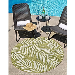 Unique Loom Outdoor Botanical Collection Floral, Coastal, Bohemian, Leaves, Indoor and Outdoor Area Rug (4' 0 x 4' 0 Round, Green/Ivory)