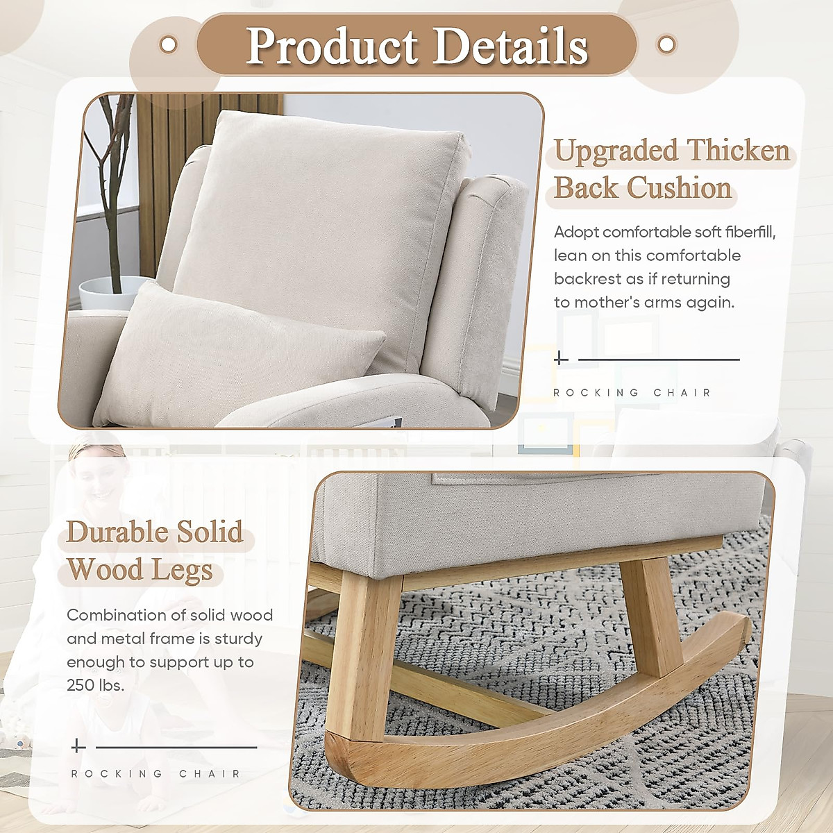 Rocking Glider Chair for Nursery, Wingback Accent Rocker Chair Upholstered Tall Back Arm Chair w/Side Pockets, Modern Leisure Single Sofa for Living Room, Hotel, Bedroom, Baby Room, Beige