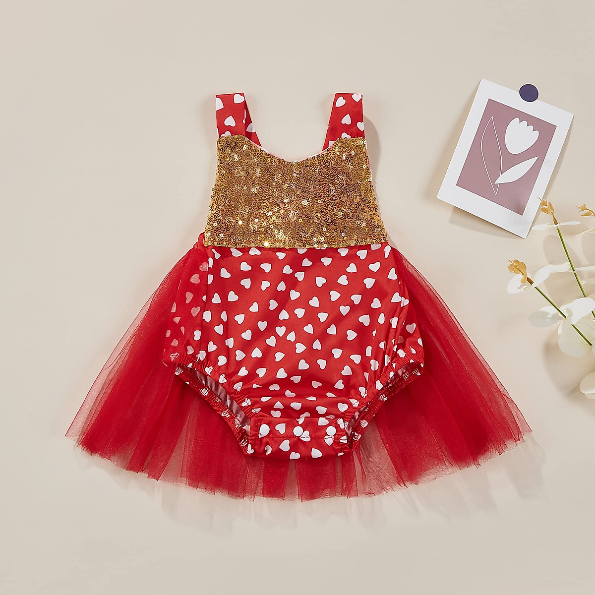 Yccutest Newborn Infant Baby Girl Valentines Day Bodysuit Outfit Toddler Onesie Sleeveless Heart Ruffle Romper Dress Headband (Red Romper Tulle Dress, 0-6 Months)