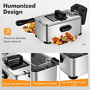 ARLIME Deep Fryer with Basket, 3.2 Qt/3L Electric Fryer with Adjustable Temperature & Timer, Removable Oil-Container & Lid w/View Window, Stainless Steel Small Deep Fryers for Home Use, Kitchen