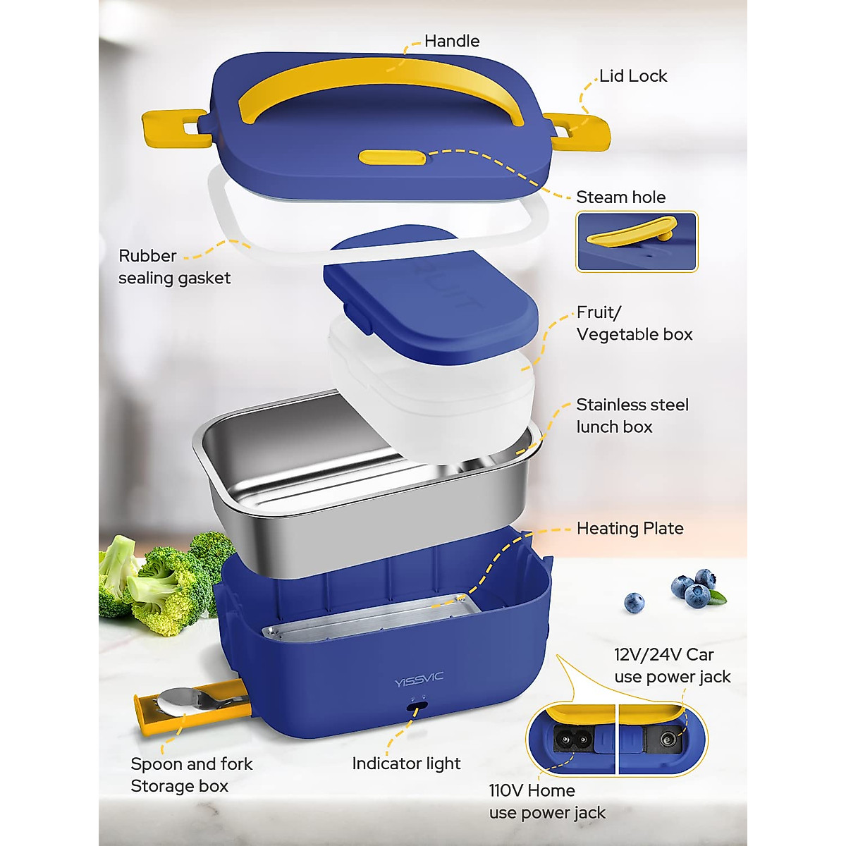 YISSVIC Electric Food Heater for Car and Truck,Portable Food Warmer Heater for Work 3in1 for 12V 24V 110V Heated Lunch Box with Removable Container and Bag