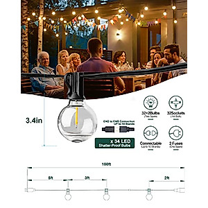 ACOHOOK 100FT Globe Outdoor Lights String, Dimmable LED Patio String Light with 34 G40 Shatterproof Plastic Bulbs, Waterproof Commercial Hanging Lights for Outside Party Porch Backyard Bistro