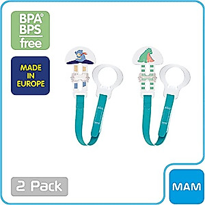 MAM 2 Clips for Pacifiers With Fasteners and Flexible Rings for Boys, Designs May Vary