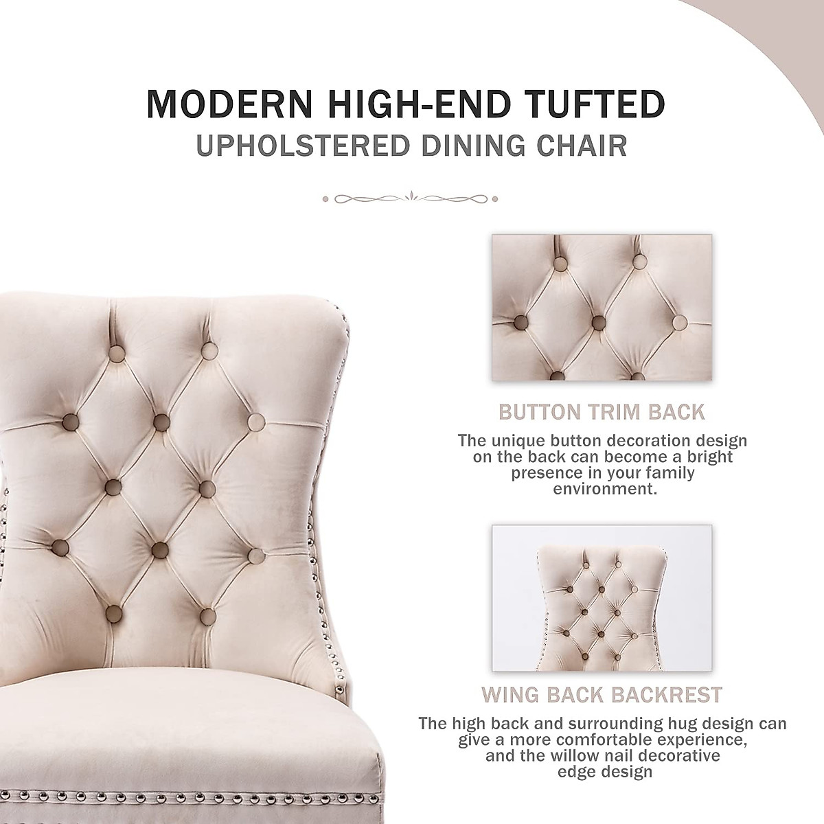 Kiztir Velvet Upholstered Dining Chairs Set of 4, Wingback Dining Room Chairs with Ring Pull Trim and Button Back, Luxury Tufted Dining Chair for Living Room, Bedroom, Kitchen (Beige)