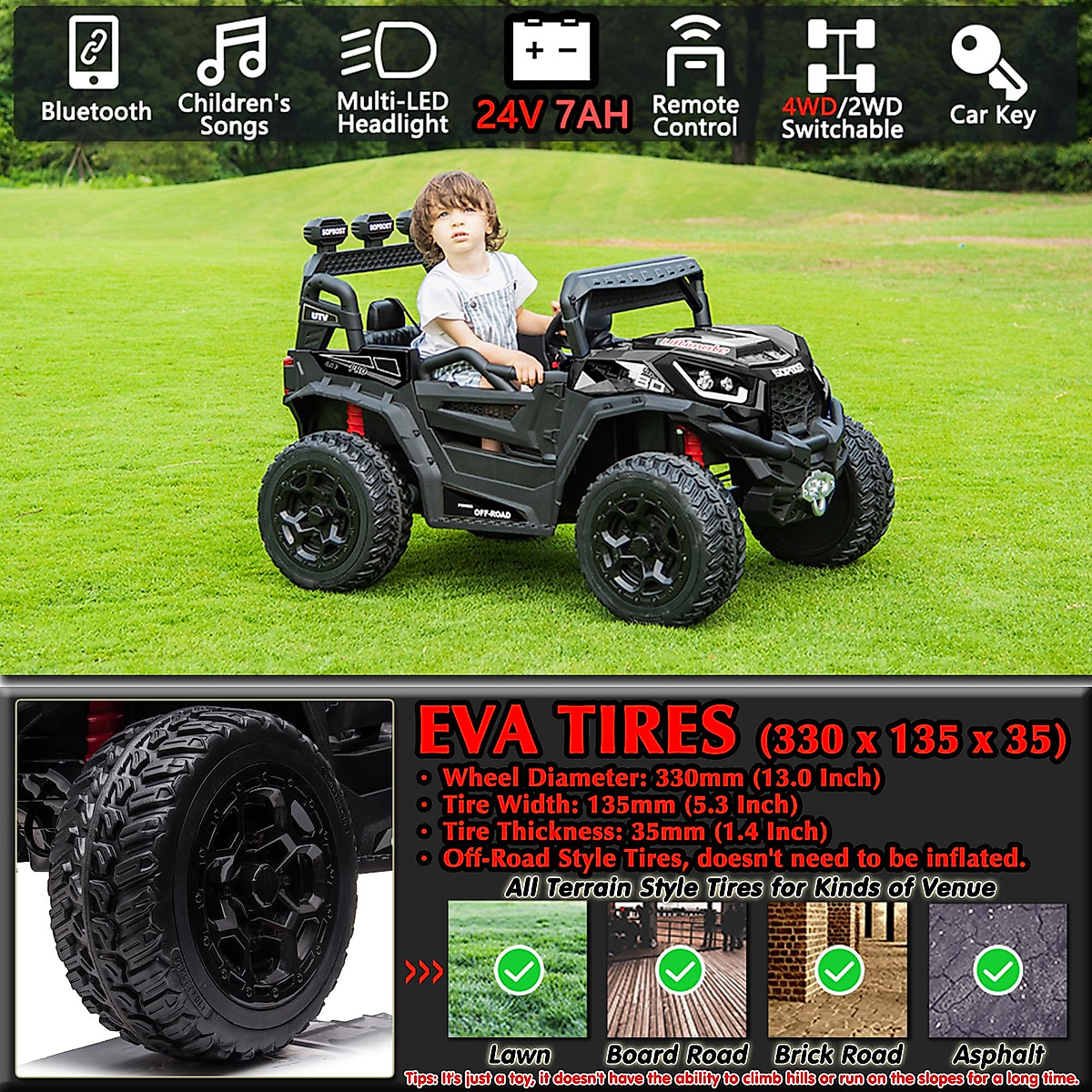 sopbost 24V Ride On Toys for Kids 7Ah Battery Powered Electric Vehicle Ride On Car with Remote Control, 2WD/4WD Driving Modes Kids UTV, EVA Tires Wheels, Quicksand