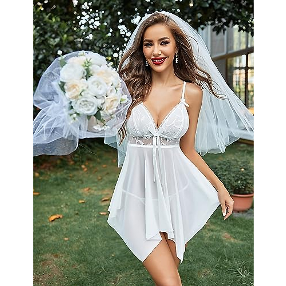 Avidlove Women Lingerie Lace Babydoll V Neck Sleepwear Strap Chemise (White,S)
