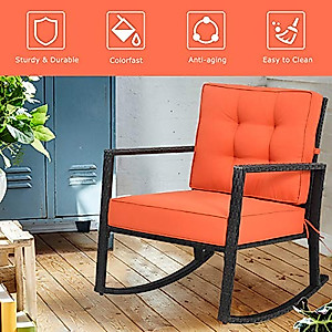 Tangkula Wicker Rocking Chair, Outdoor Glider Rattan Rocker Chair with Heavy-Duty Steel Frame, Patio Wicker Furniture Seat with 5” Thick Cushion for Garden, Porch, Backyard, Poolside (1, Orange)