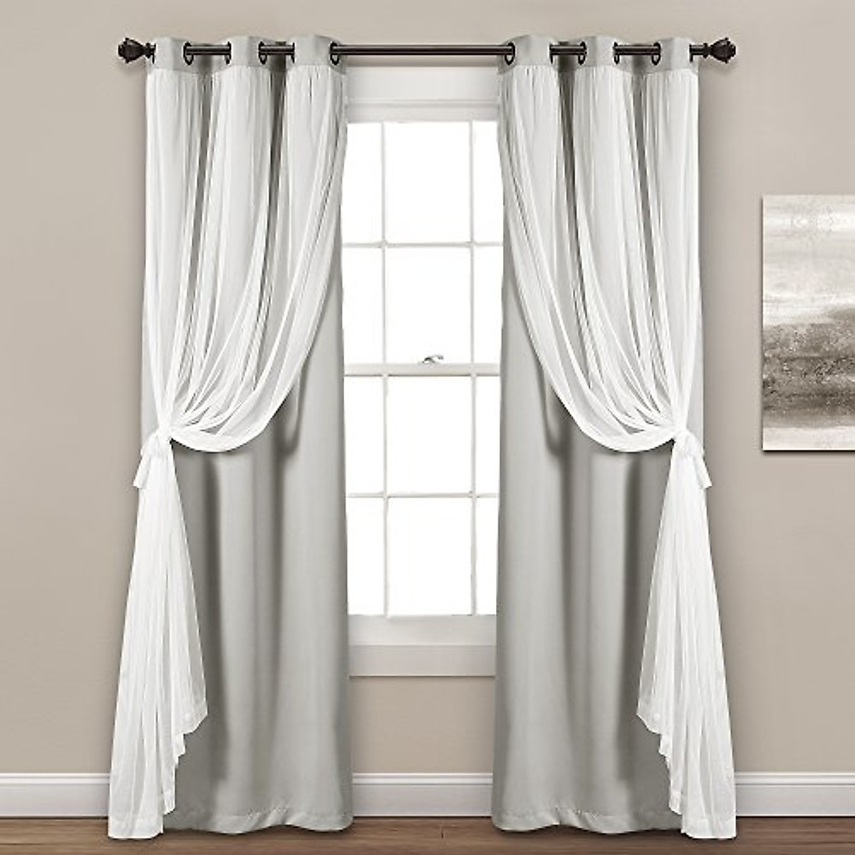 Lush Decor Sheer Grommet Curtains Panel with Insulated Blackout Lining, Room Darkening Window Curtain Set (Pair), 38"W x 84"L, Light Gray