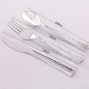 Supernal 360pcs Silver Plastic Cutlery,Elegant Plastic Silverware,Silver Hammed Silverware,Disposable Plastic Flatware,Include 120 Forks,120 Knvies,120 Spoons,Perfect for Birthday,Party,Wedding