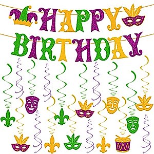 Mardi Gras Birthday Decoration Carnival Happy Birthday Banner Glitter Green Gold Purple Hanging Swirls Decor Fat Tuesday New Orleans Masquerade fleur de lis Theme Festival Party Supplies