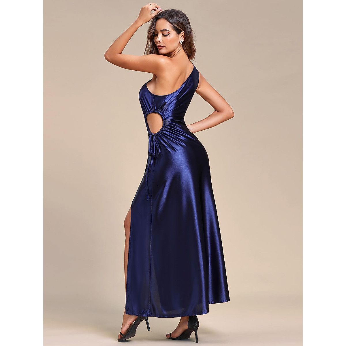 Ever-Pretty Women's Side Split Satin One Shoulder A Line Maxi Cocktail Dresses for Wedding Guest Navy Blue US14