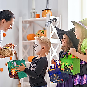 AhfuLife 6 Pcs Halloween Trick or Treat Bags, Halloween Candy Tote Bags with Handles, Reusable Halloween Non-Woven Gift Bags for Halloween Party Supplies Favors (7.8×7.8×5.9’’)