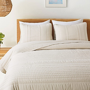 HIARUO Queen Quilt Bedding Set, Full Size Striped Coverlet Bedspread (90x90 inch) with 2 Pillow Shams (20x26 inch) for All Season, Beige/White