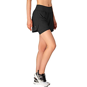 Gopune Women's 2 in 1 Running Shorts Workout Athletic Gym Yoga Shorts with Phone Pockets Black,XL