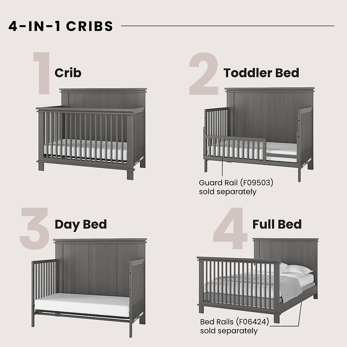 Child Craft Denman Crib and Dresser Nursery Set, 2-Piece, Includes 4-in-1 Convertible Crib and 3-Drawer Dresser, Grows with Your Baby (Crescent Gray)