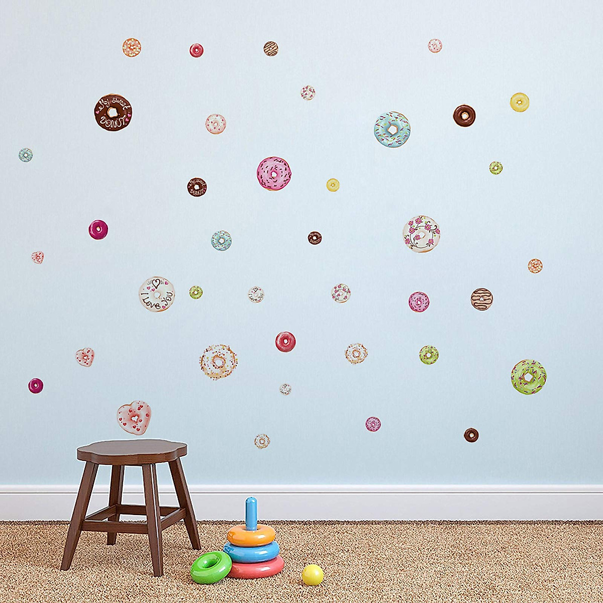 Maydahui 4 Sheet (48 Counts) Donuts Wall Decal Dessert Wall Stickers 11 inch Kawaii Food Decor Nursery Christmas Home Decorations