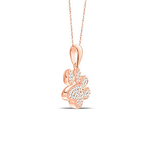 Diamond2Deal 10K Rose Solid Gold Diamond Dog Paw Print Pendant Rope Chain Necklace for Women 18inch (1/8Ct/ I2,H-I)