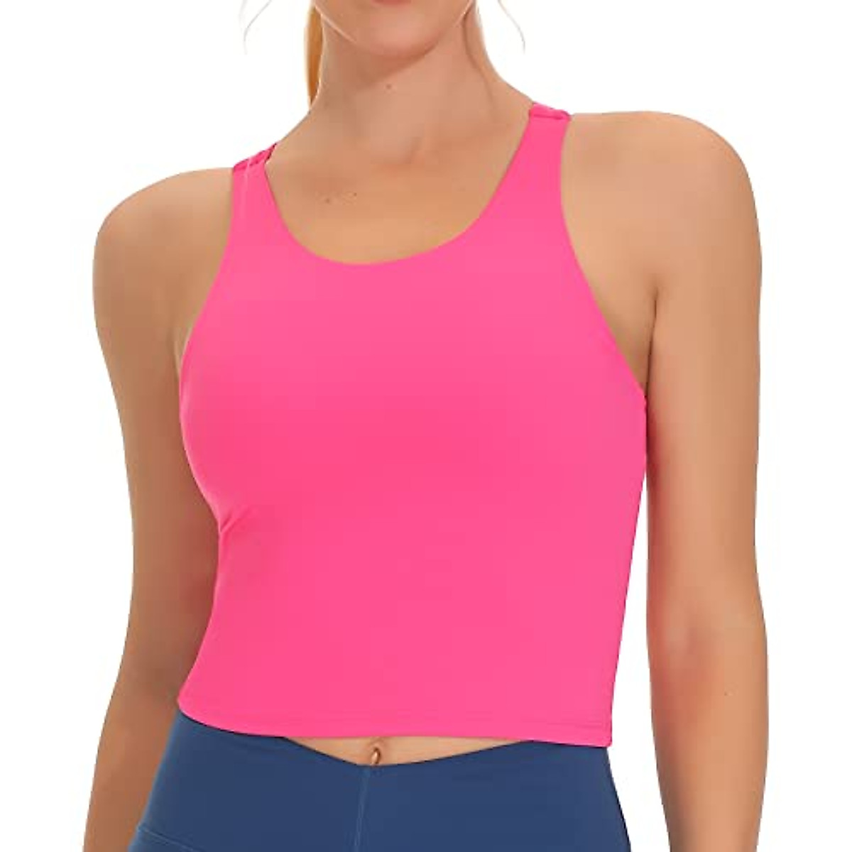 THE GYM PEOPLE Women's Racerback Longline Sports Bra Removable Padded High Neck Workout Yoga Crop Tops Bright Pink