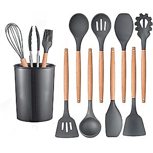 Kitchen Utensils Sets Cooking Utensils sets Wood Spoon Silicone Heat Reaistant Non stick Cookware Set Wooden Handle Spatula Set With Holder Cooking Gadget tool Food Graded BPA Free Non Toxic 12 pieces