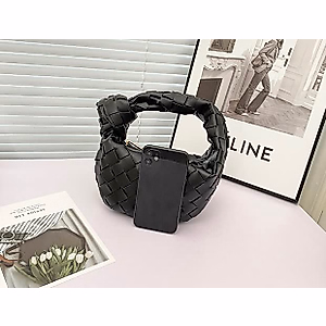 Bella Luna Mini Knotted Woven Hobo Bag | Shoulder Handbag or Purse | Women’s Designer Fashion Soft Faux Leather Bag (Black)