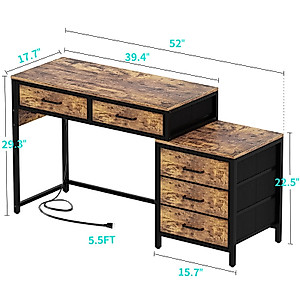Unikito Computer Desk with 5 Drawers, Reversible Home Office Desk with Power Outlets, Sturdy Writing Desk with File Cabinet and Printer Stand, Vanity Desk with Storage for Small Space, Rustic Brown