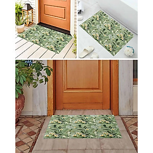Edwiinsa Tropical Flower Plush Rug Non Slip Bathroom Mat, Soft Shaggy Bath Rugs Entryway Rug 18'' x 30'', Green Palm Leaves Botanical Spring Summer Throw Floor Carpet Mat for Bathroom Shower Kitchen