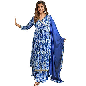 Janasya Indian Women's Blue Floral Block Printed Angrakha Kurta with Flared Palazzo and Dupatta