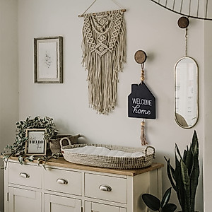 OYATON Welcome Home Wood Hanging Sign Decor, Small Black Rustic Wooden Blocks House Hanging Sign with Beads and Jute Rope Tassel for Wall Farmhouse Decoration,Front Door and Porch Home Decor