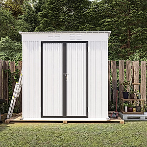 Rophefx 6' x 4' Outdoor Metal Storage Shed with Floor Frame, Outside Waterproof Tool Shed, Steel Garden Shed with Double Lockable Door for Backyard, Patio, Lawn, White & Grey