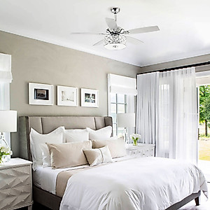 Parrot Uncle Ceiling Fans with Lights and Remote 52 Inch Chandelier Ceiling Fan with Light for Bedroom, Reversible Motor, 3 Speeds, Timer, Silver