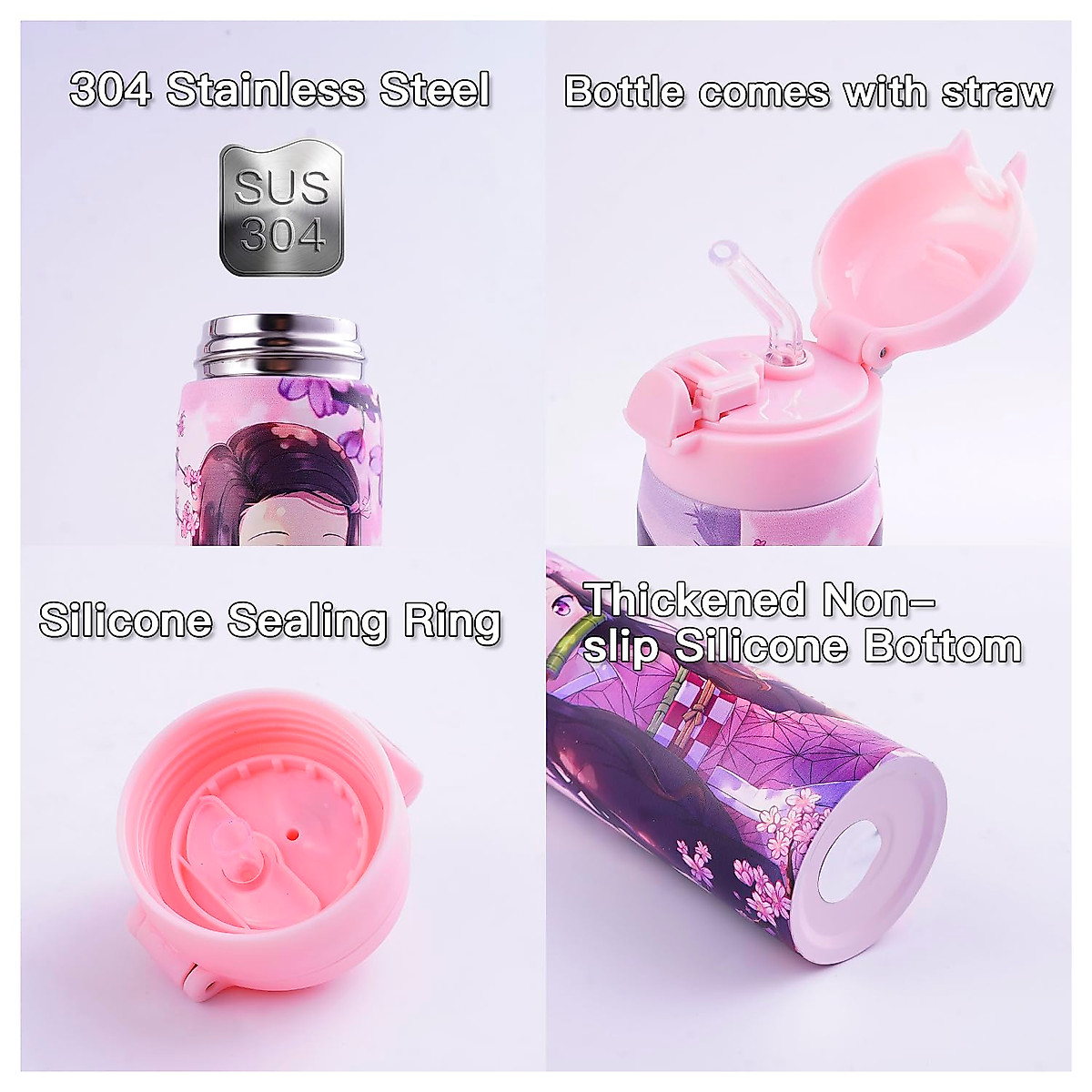 CNEISEJK Anime Slayer Water Bottle with Straw, Vacuum Insulated Kimetsu no Nezuko Tanjirou Cosplay Stainless Steel 16.9oz Cup Thermoses with Locking Cover Leak-Proof Design (WB-Douzi xg 2403), 500ML