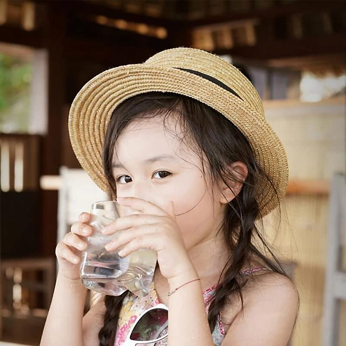 Kids Floppy Straw Sun-Hat Foldable Summer Short Brim Sun-Beach-Hat for Babyboys Girls Kahki