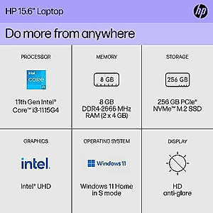 HP 15.6" Laptop, Intel Core i3-1115G4, 8GB RAM, 256GB SSD, Spruce Blue, Windows 11 Home in S Mode, 15-dy2792wm (Renewed)