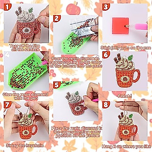 Augisteen 12 Pieces Fall Diamond Painting Keychains Fall Cocoa Diamond Art Key Rings DIY 5D Diamond Ornaments Fall Drinks Coffee Hanging Pendants Double Sided for Autumn Thanksgiving Party Decor