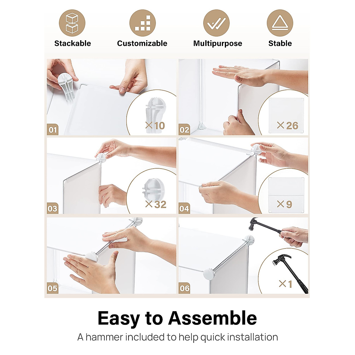 Kootek Cube Storage Organizer 9-Cube Modular Bookshelf DIY Plastic Clothes Shelves Closet Organizer Bins Square Storage Box with Hammer for Living Room Bedroom Office, White