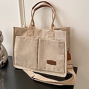 GOQUFOY Corduroy Tote Bag for Women with Zipper Pockets Beige Cross Body Purses Canvas Crossbody Work Satchel Handbags Cute Puffer Shoulder Bag School Hobo Travel Hand Bags Messenger Teen Girls Trendy