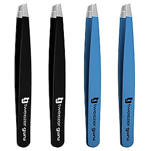 Tweezers Set - Tweezer Guru Stainless Steel Slant Tip Eyebrow Tweezers Set - Great Precision for Facial Hair, Ingrown Hair, Blackhead and Splinter Remover (4-Pack)