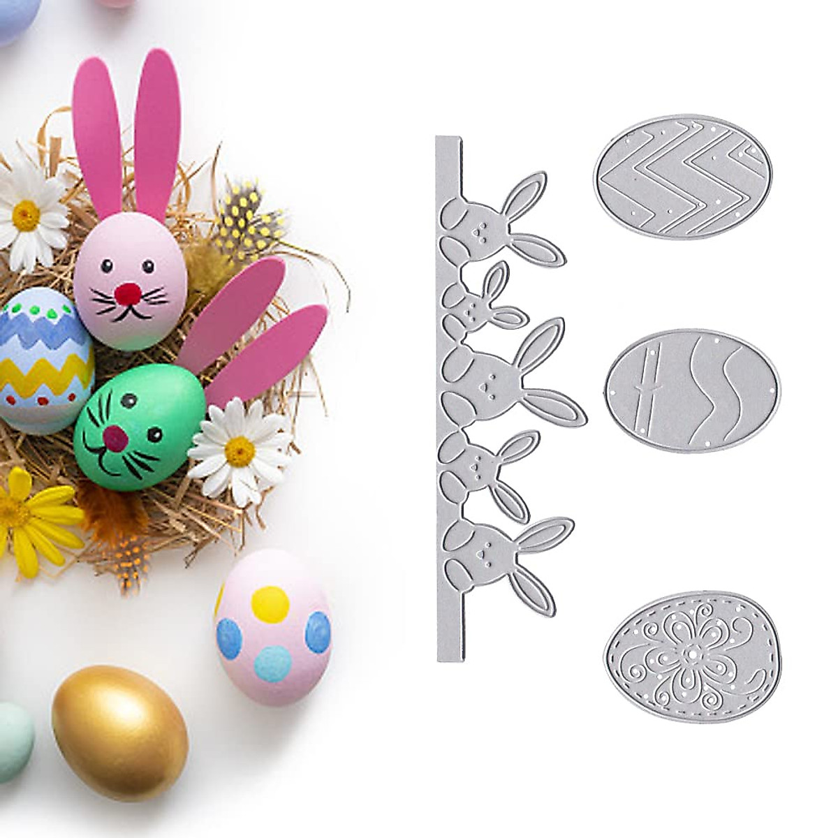 ALIBBON Easter Egg Rabbit Die Cuts for Card Making, Rabbit Edge Border Cutting Dies Metal Template Molds, 3 Lace Eggs Dies for Crafting DIY Photo Album Embossing Scrapbooking Supplies