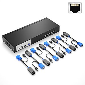 8 Port VGA KVM Console over CAT6, MT-VIKI CAT5E KVM Switch, 1U Rack Mount KVM Included 8 VGA to RJ45 KVM Dongles, Support Extended Distance UP to 230ft/70m by RJ45 Cable