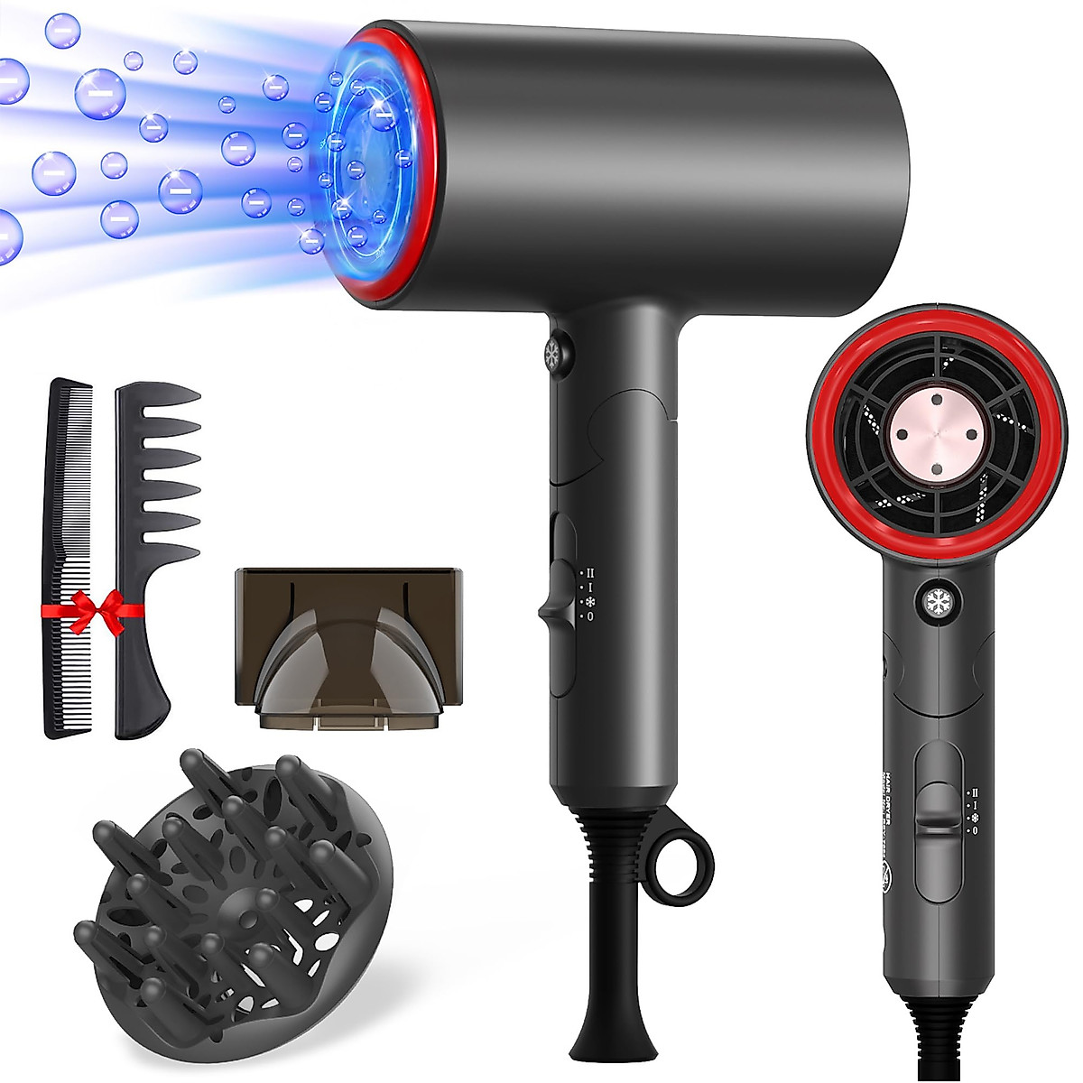 1800W Professional Blow Dryer with Ions, Fast Drying, Portable Hair Dryer for Travel with Diffuser and Concentrator, Low Noise for Men and Women