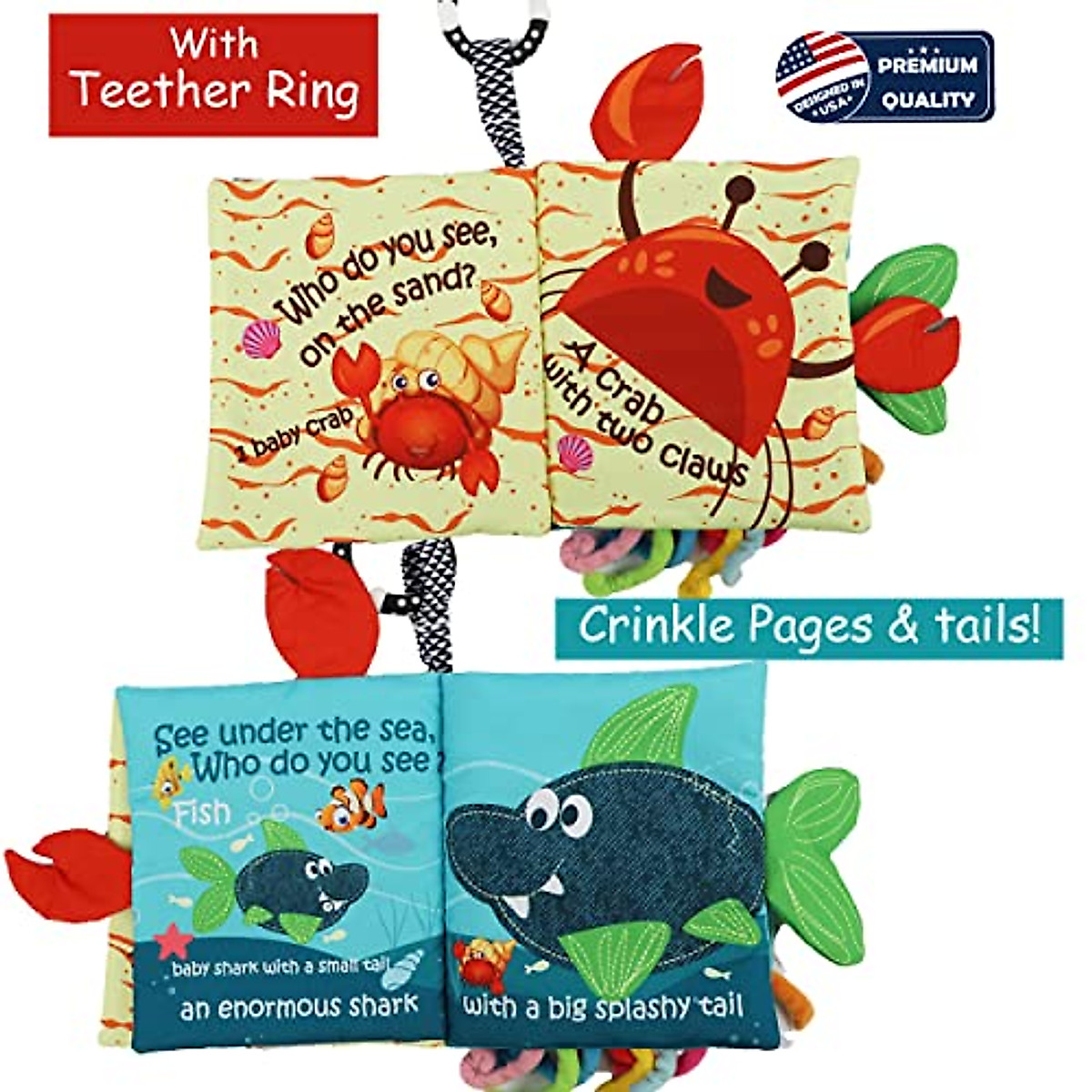 Soft Cloth Crinkle Books Touch Feel Baby Books 0-6 Months for Babies,Infants,Toddlers,Baby Boy Girl Toys 0-3 Months 6 to 12 Months 1-3 Years Old Shower Gifts Box, Sensory Toy Fish Octopus,Teether Ring