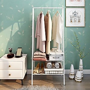 Jecpuo White Garment Rack Clothes Rack with Shelves Heavy Duty Metal Garment Rack for bedroom clothing rack (White)