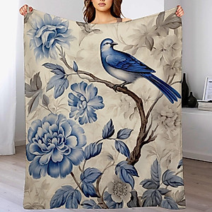 Blanket Blue White Floral Spring Flower Bird ChinoiserieWarm Blanket Flying Bird Flower Blue White Flannel Fleece Throw Blanket for Couch Sofa Bed for Adults Kids Boys Teens Gift for Adults 50"x60"